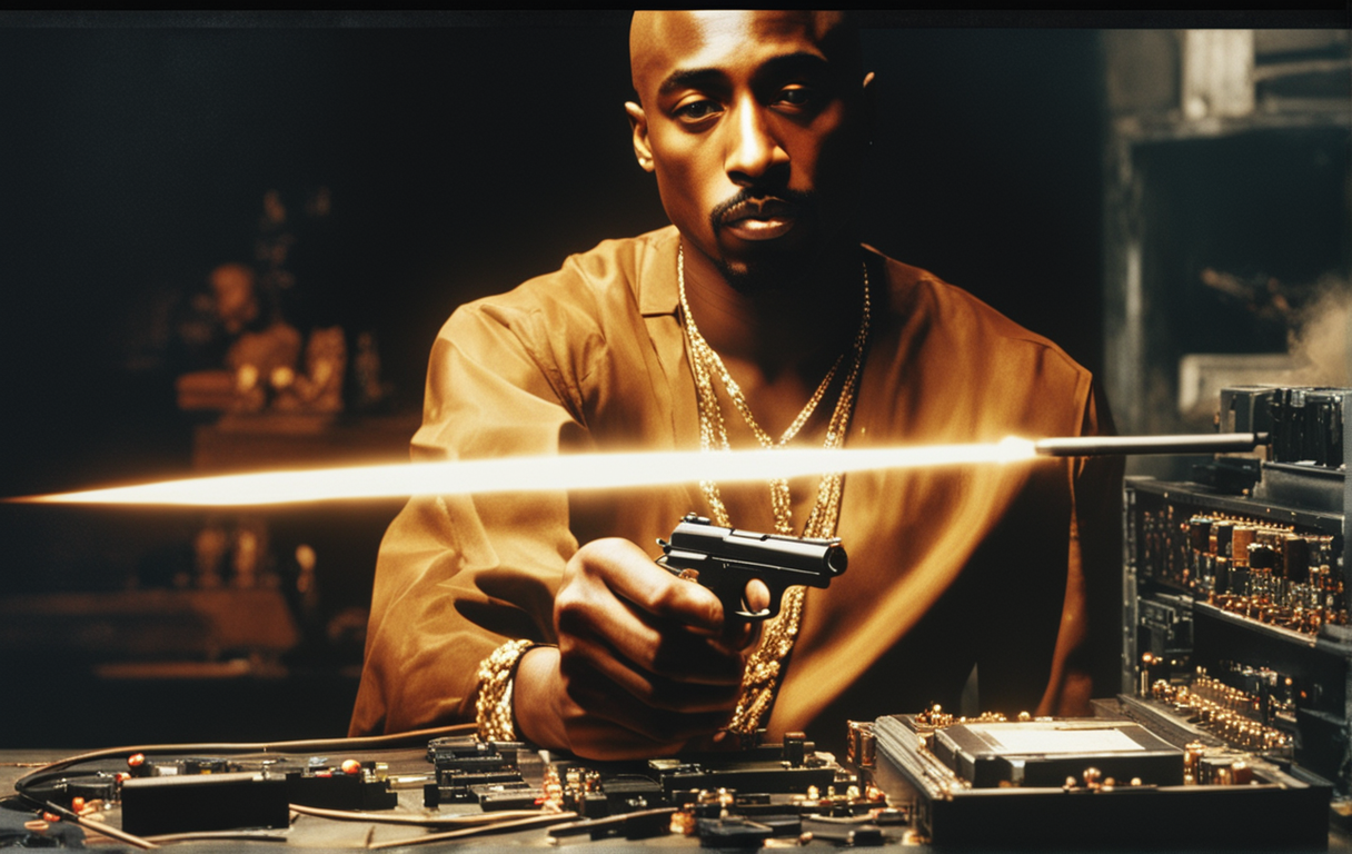 Cinematic still image of Tupac Shakur standing in the dark r... by ...