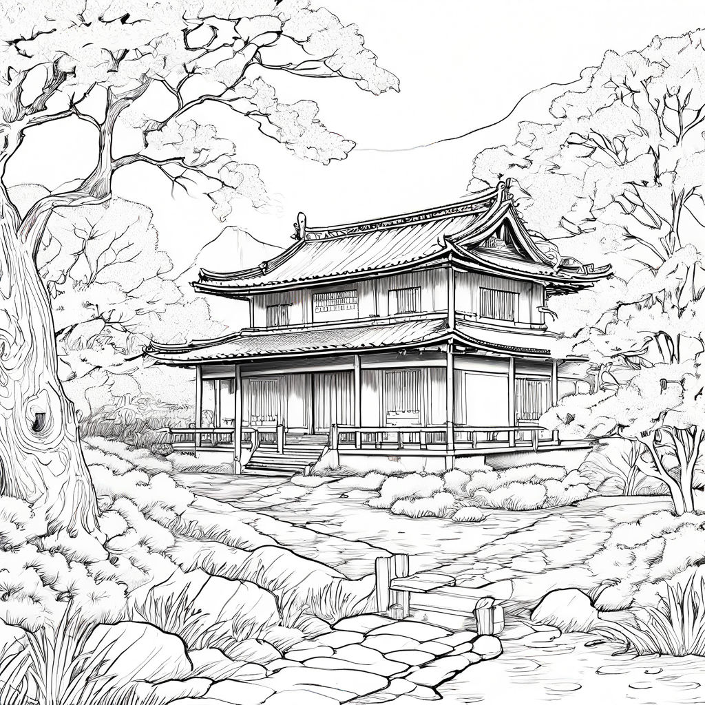 Coloring book page featuring an old wooden Japanese house by Azman ...