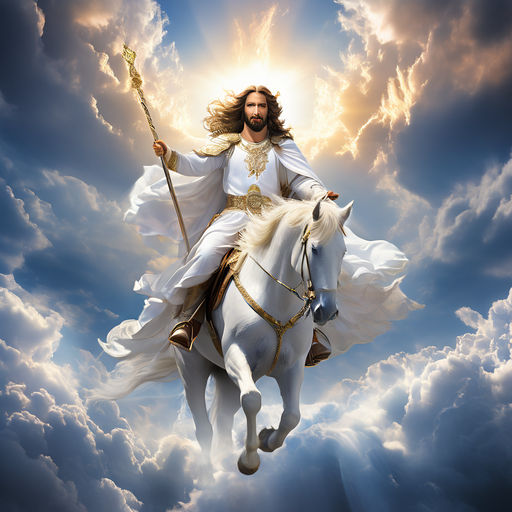 The image of the resurrected Jesus riding a white horse on a... by my ...