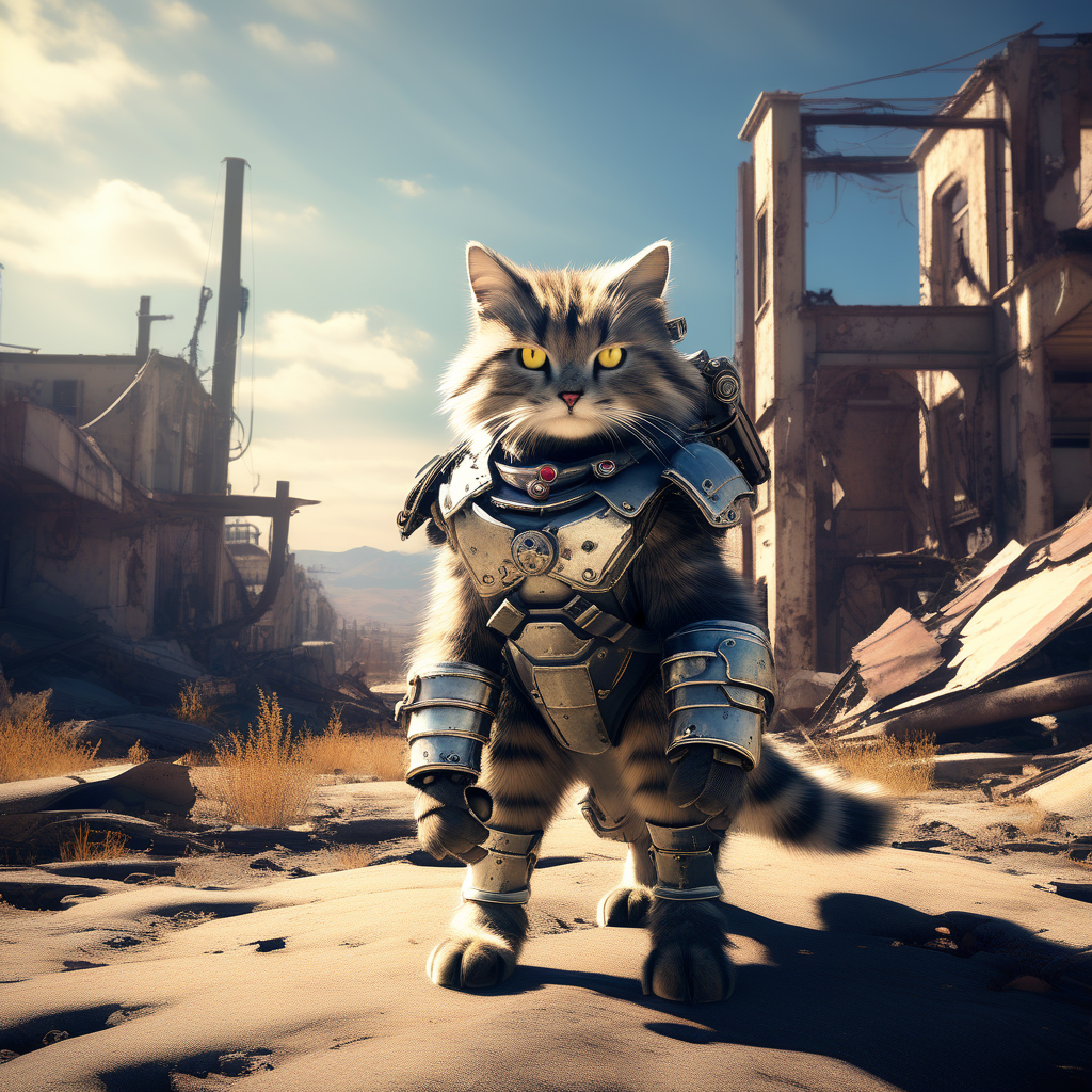 Fallout style cat with robotic legs and a sword in a fallout... by ...