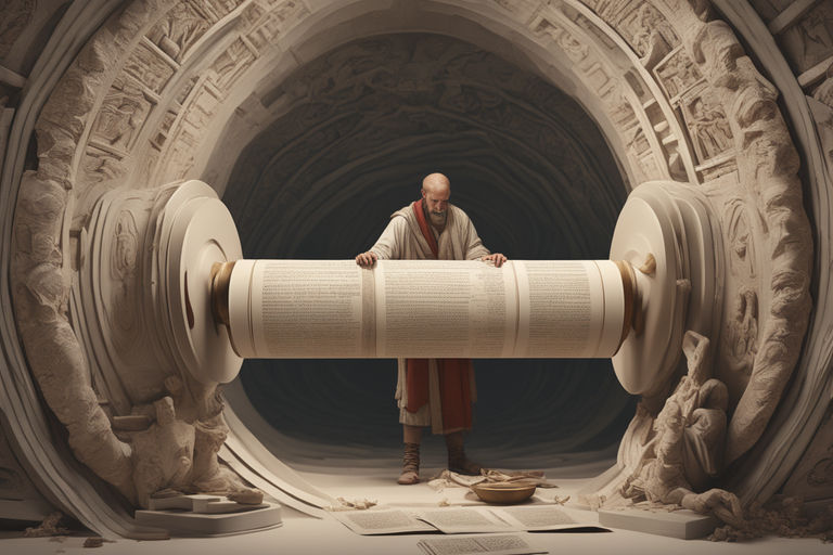 Ancient scrolls with men looking through them by Steve Goodwin - Playground