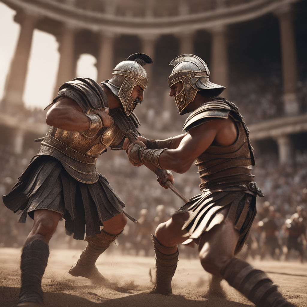 A gladiator fight that saw two gladiators dueling with sword... by ...