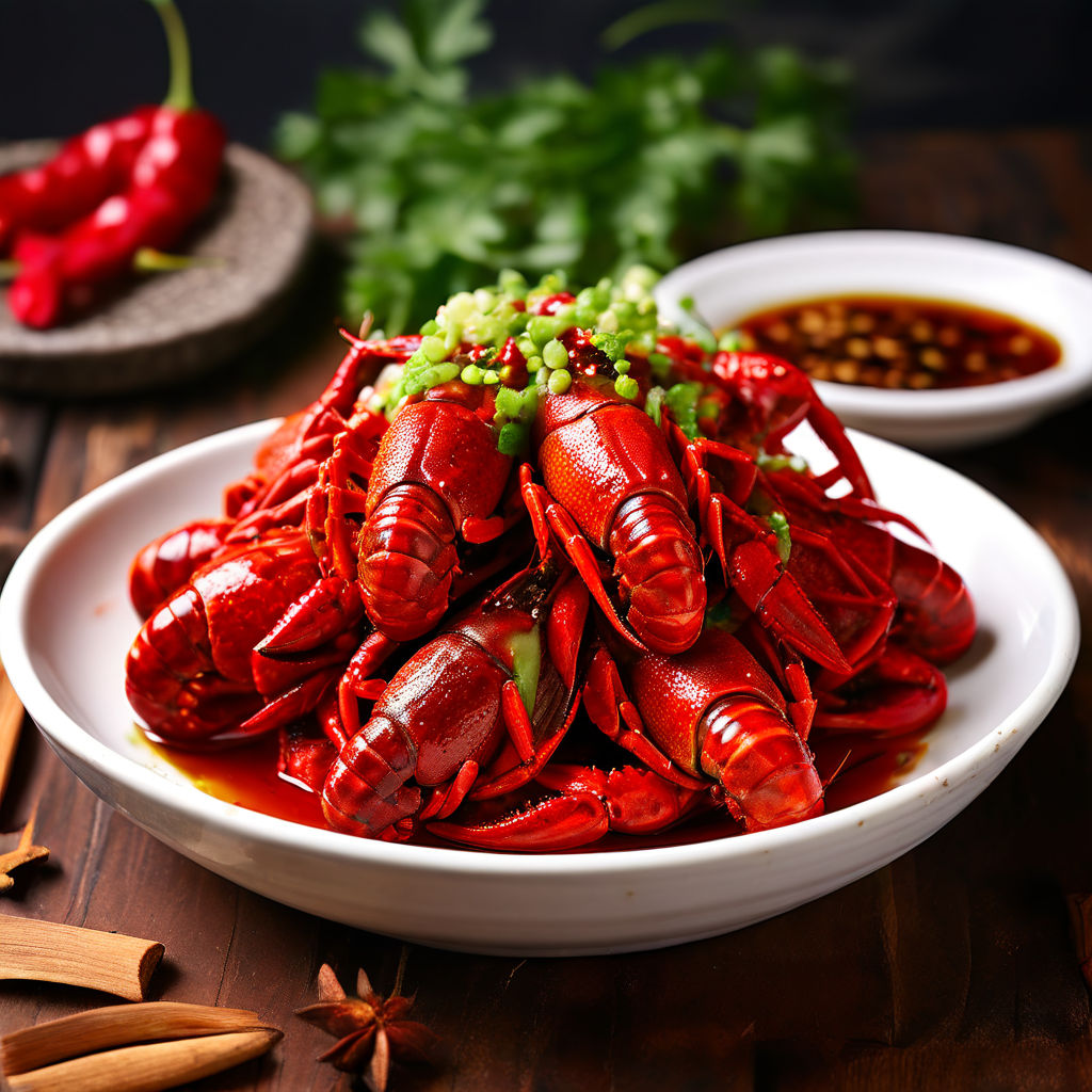 A pile of red crayfish which is covered with chili sauce and... by ...
