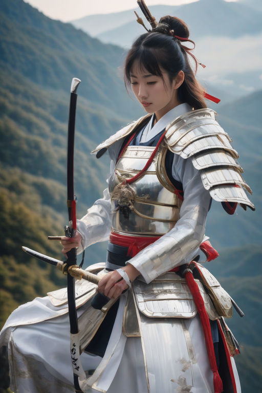 Women in shiny white japanese samurai armour with a bow in... by axel ...