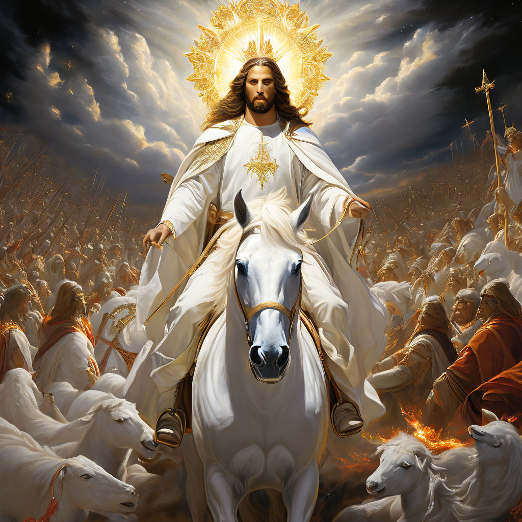 The second coming of Jesus Christ on a white horse. His eyes... by ...
