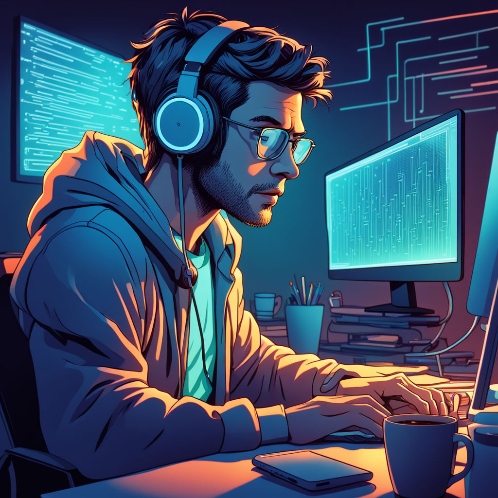 Cartoon-style illustration of a programmer gazing intently a... by ...