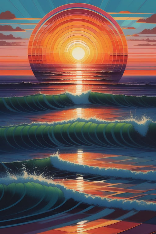 Geometric Sunset over ocean waves by 吴逅翼 - Playground