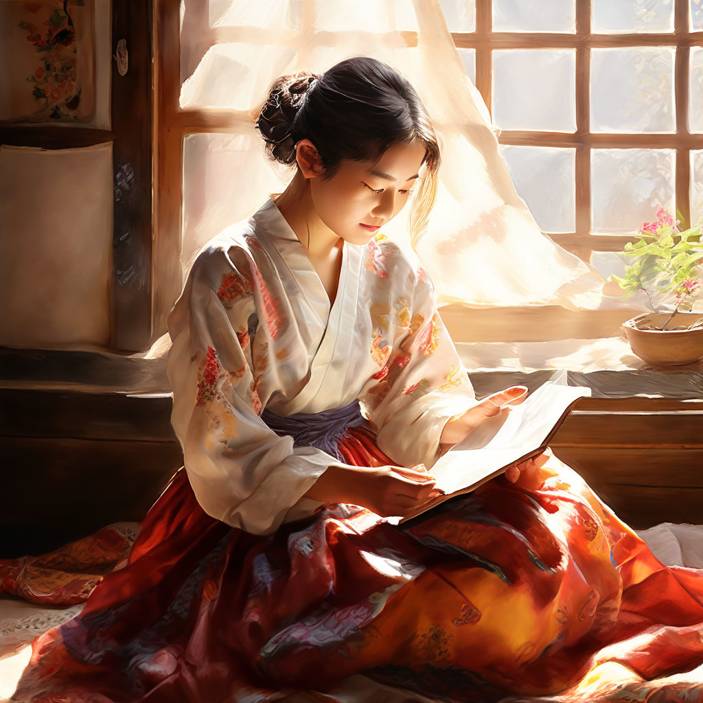 Young Korean student engrossed in learning Korean via a tabl... by 아이시스 ...