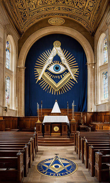 Freemasons in a masonic church with all seeing eye in backgr... by omar ...