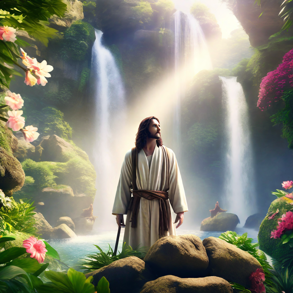 Jesus standing central in the lush Garden of Eden by Nate Graves ...