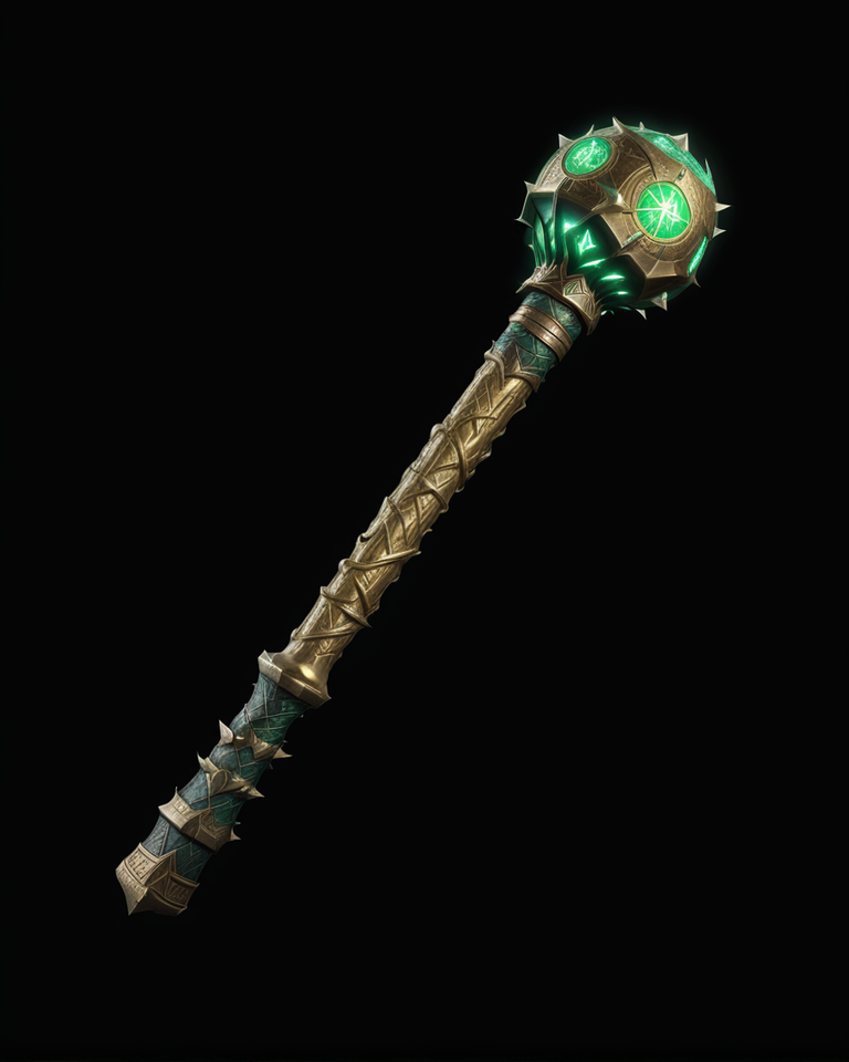 An yellow gold mace with green glowing dwarf runes by Bruno Marcon ...