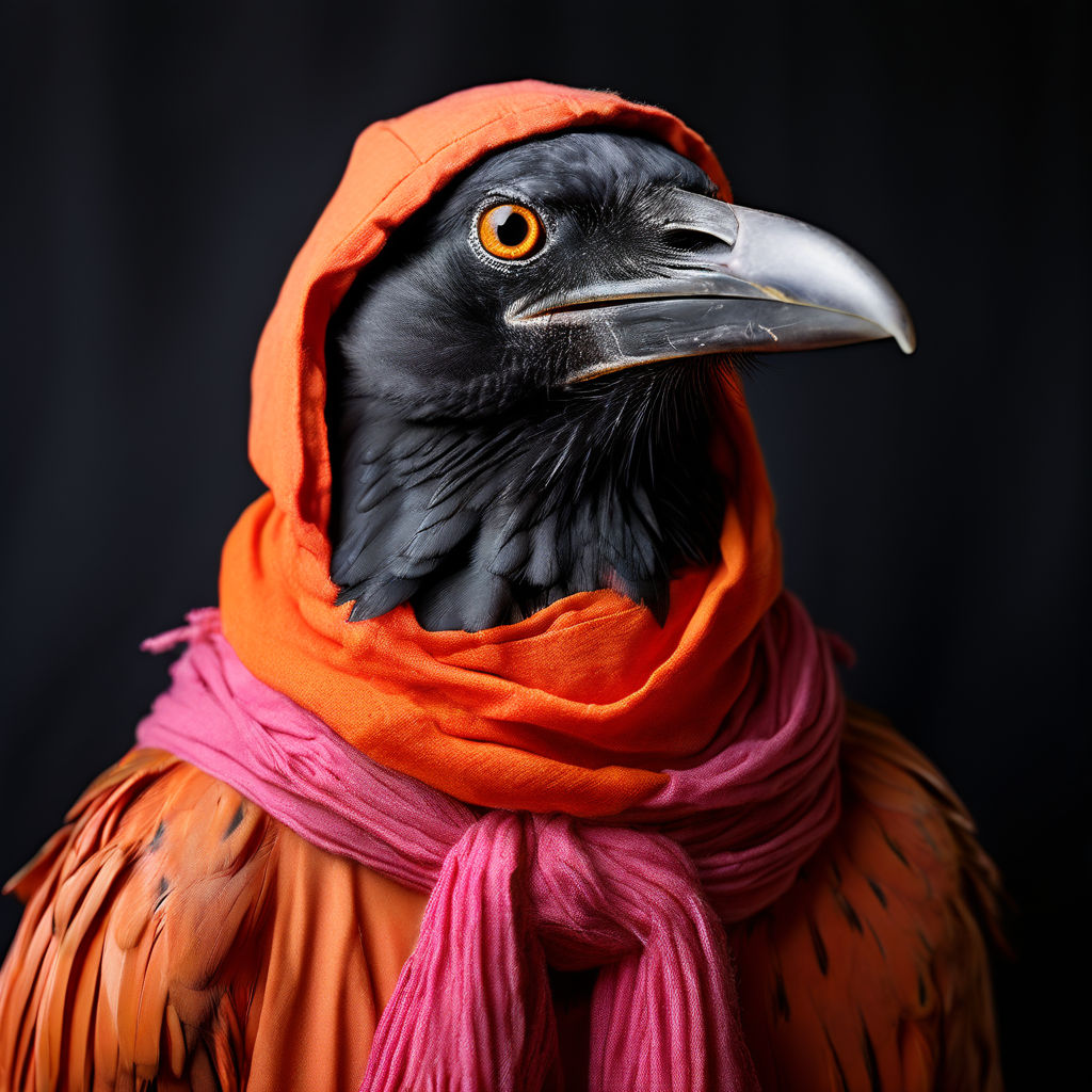 A human who looks like a crow wearing a orange shirt and pin... by virt ...