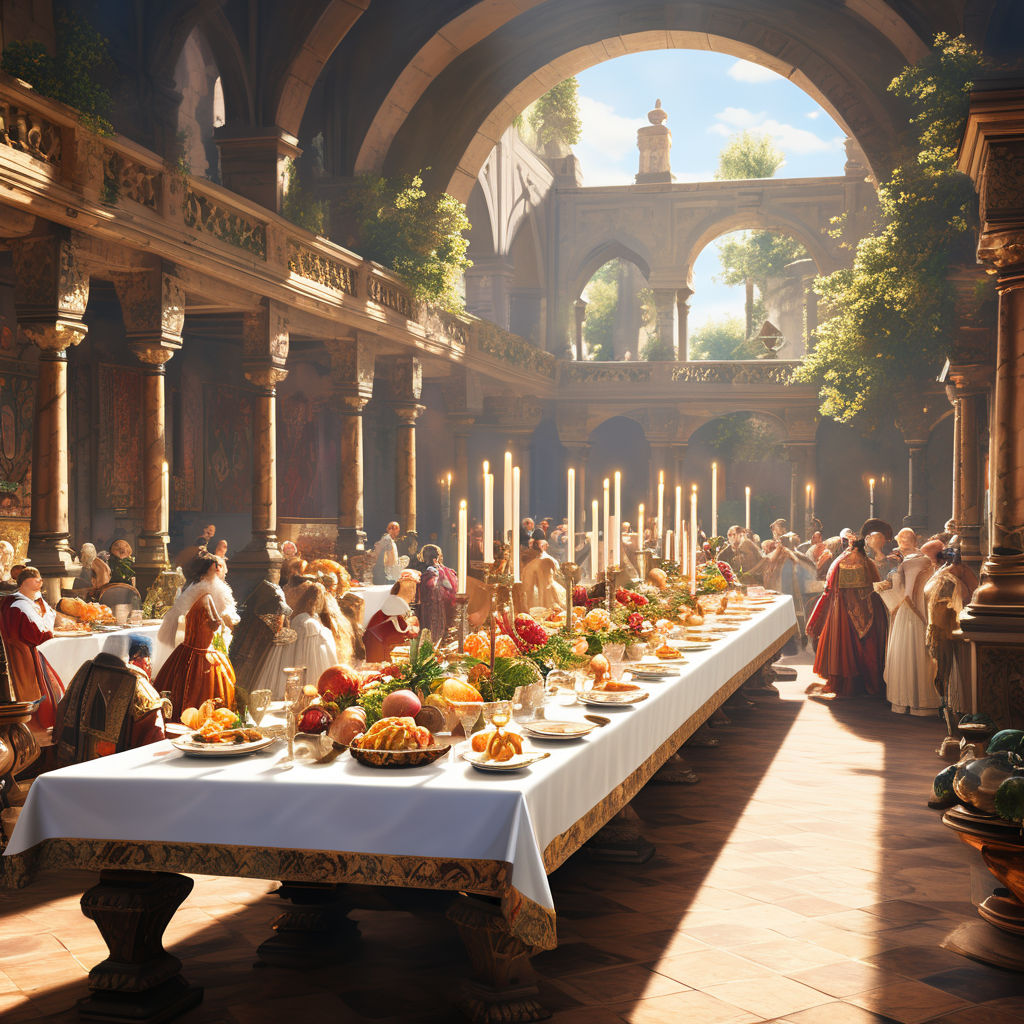 An oil painting depicting a grand Renaissance feast table by Juan ...