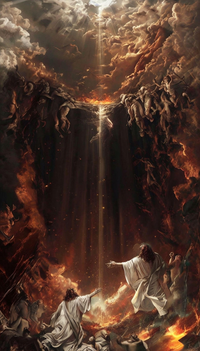 An epic scene of Jesus Christ banishing the devil into a fla... by ...