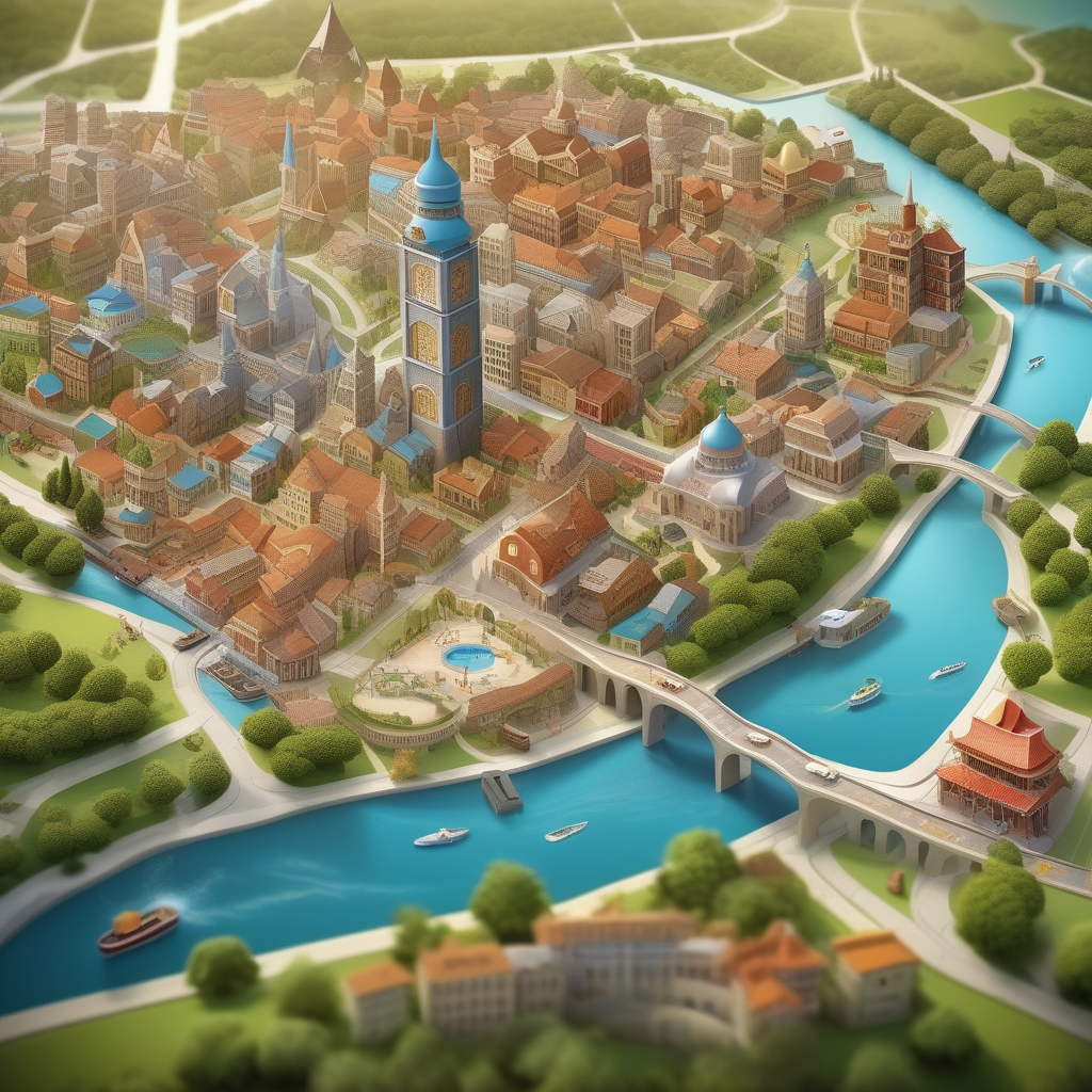 3D illustrated tourist map capturing a sprawling urban lands... by E B ...