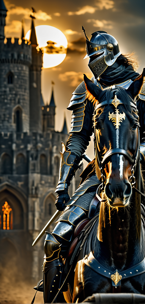 A dramatic and powerful image of a knight in full armor on h... by ...