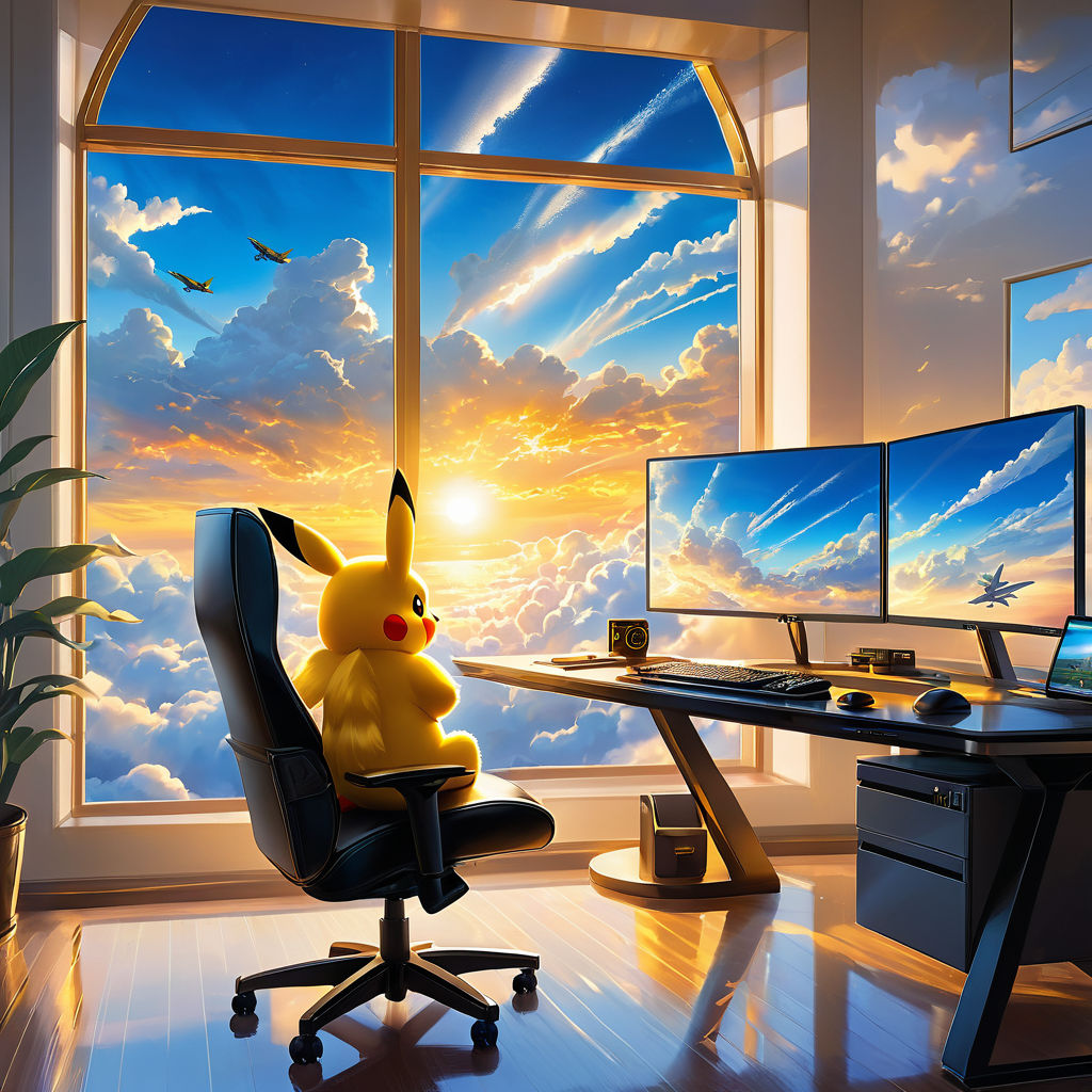 Pikachu seated at a modern desk featuring a sleek PC setup by Philipp ...