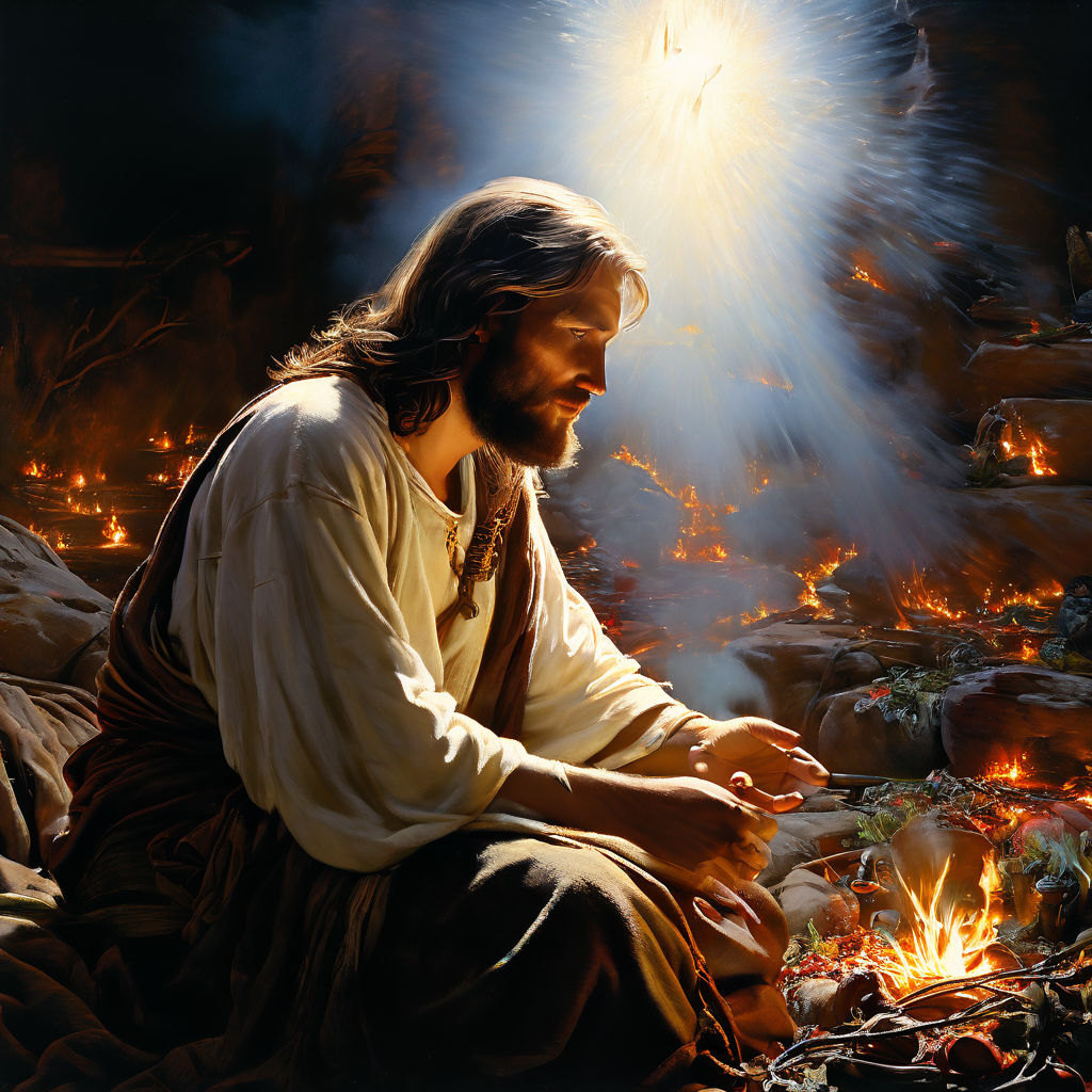 Create a captivating cinematic moment as Jesus extends his h... by ...