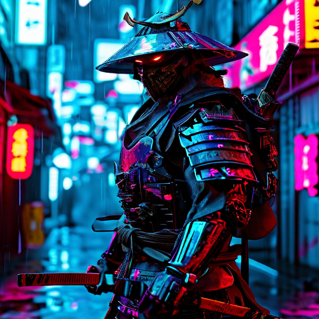 Cyberpunk samurai in neon-lit Tokyo alleyway by Dominik Ciura - Playground