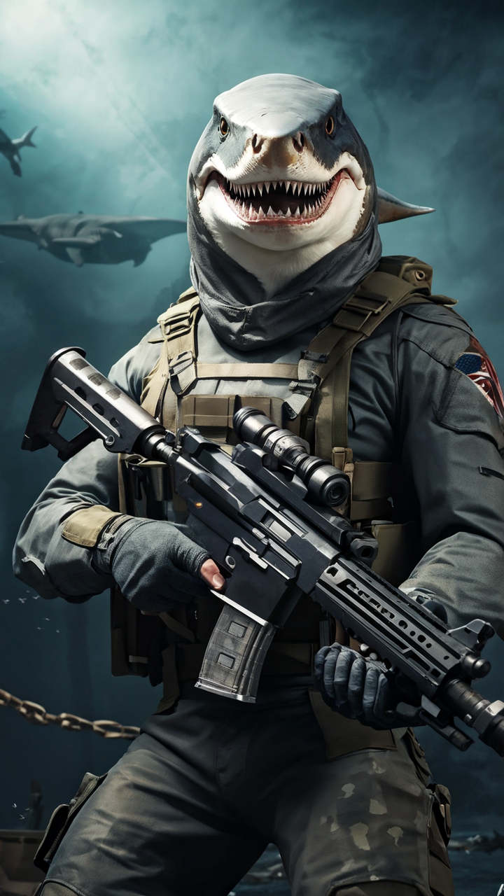 A buff humanoid shark holding a machine gun with an Eagle in... by ...