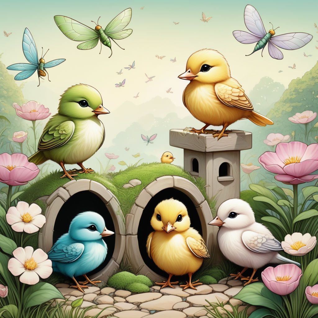 Cute kawaii chicks playing hide and seek in a cute garden by gmanel ...