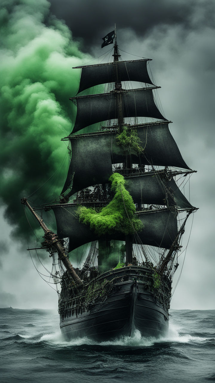 Black dark pirate ship with green moss with seaweed on it wh... by ...