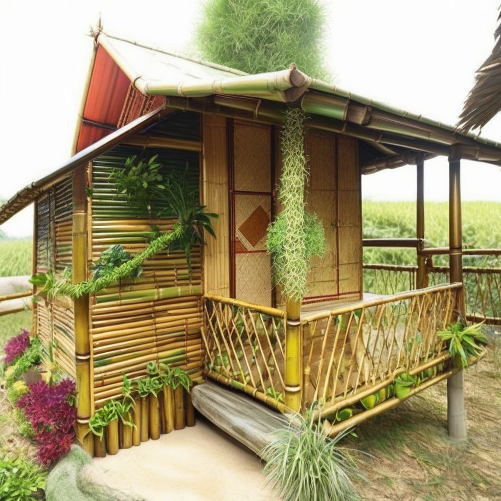 Create photo realistic of Cozy little bamboo house with red ... by ...