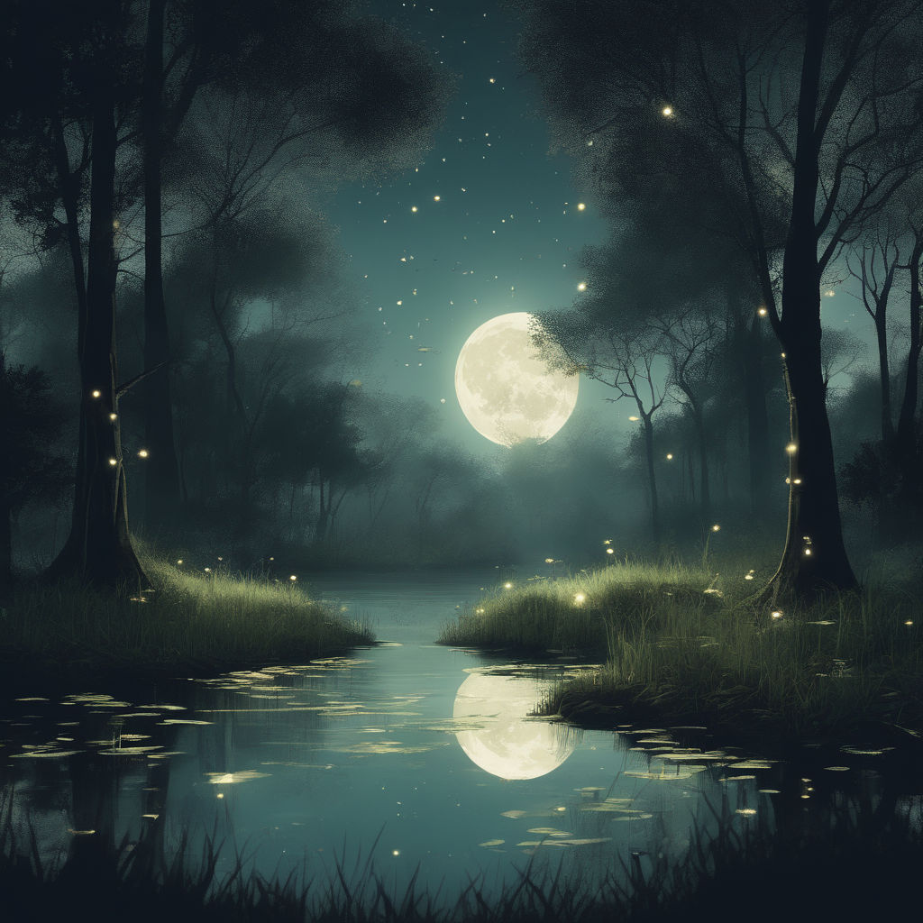Generate an image of a moonlit forest clearing with fireflie... by ...