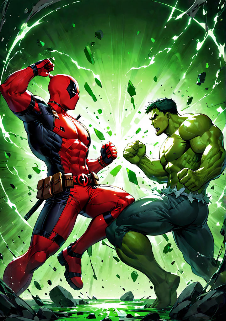 Illustrated display of Deadpool and Hulk enmeshed in a dynam... by Easy ...