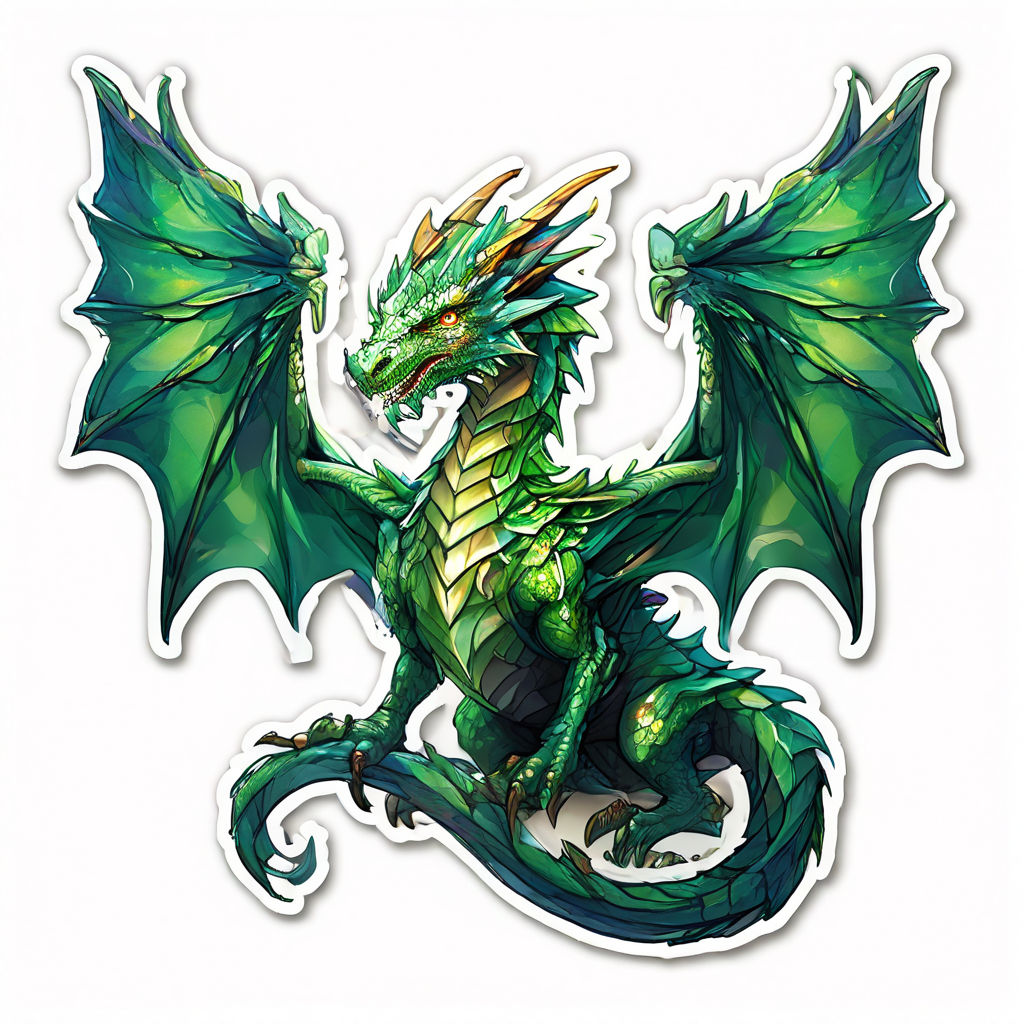 A huge gleaming green dragon with open wings guards many gem... by Joe ...