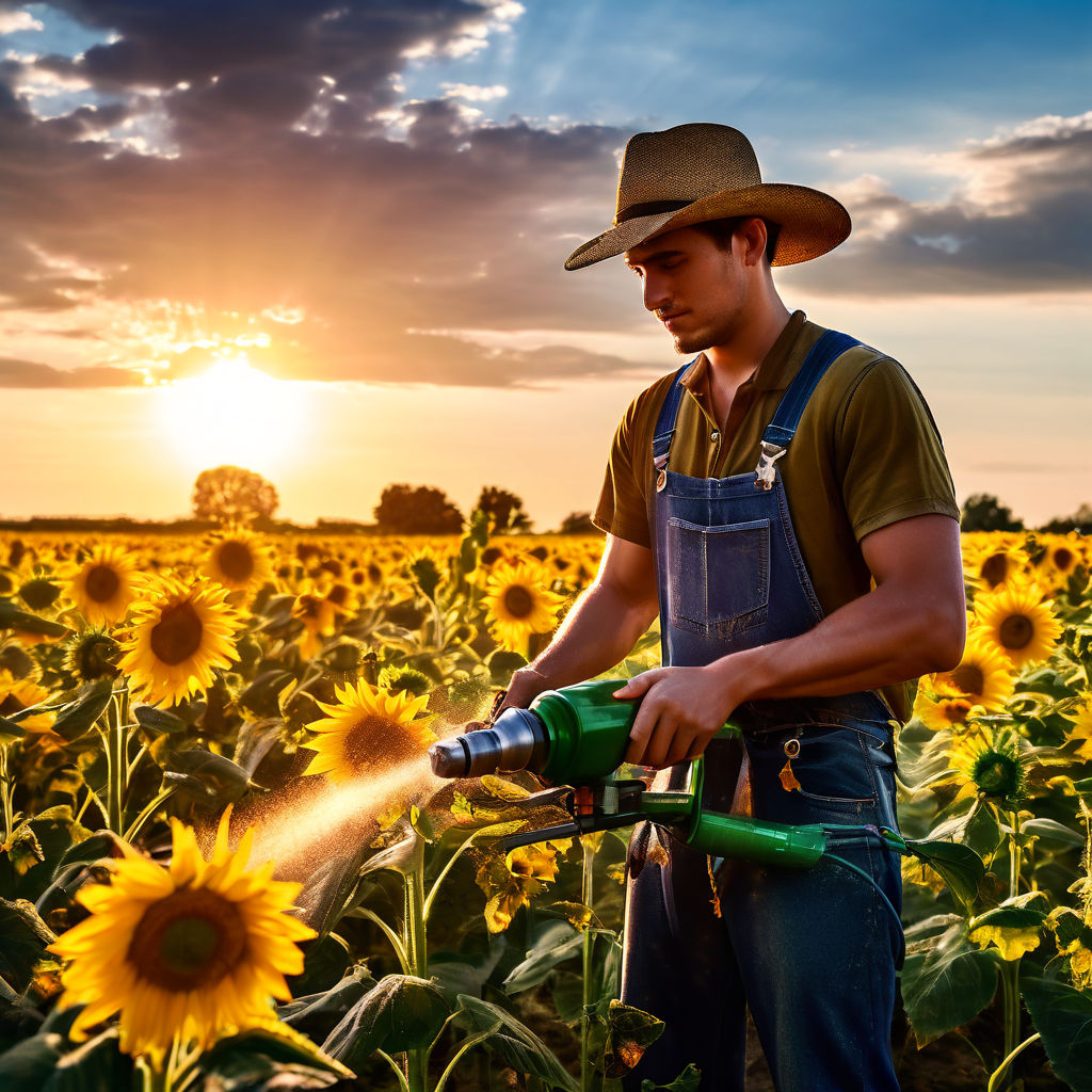 An gen z farmer spraying with hand operated pump in sunflowe... by ...