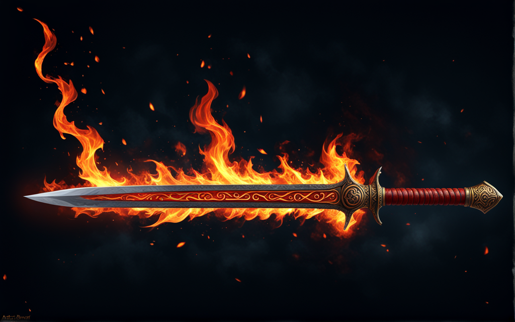 A fire sword with glowing red runes on the blade by Bruno Marcon ...