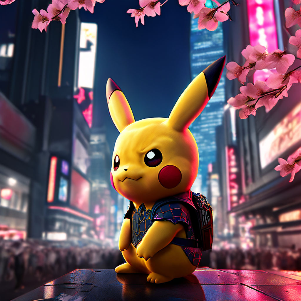 Pikachu clad in a Spider-Man suit perched atop a neon-lit sk... by ...
