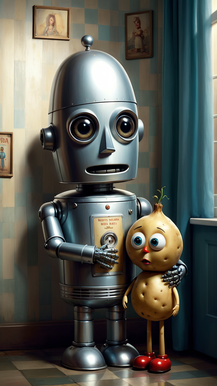 Kindly Señor Roboto 3000 Is Seen Here Consoling Lil Mademoiselle Potato Who Is Scared Of