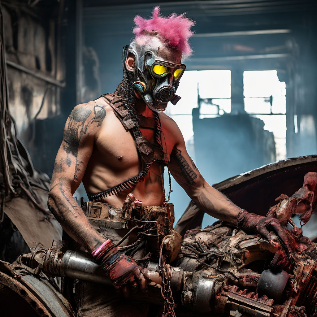 A skinny shirtless Cyborg punk wears neon glowing respirator... by ...