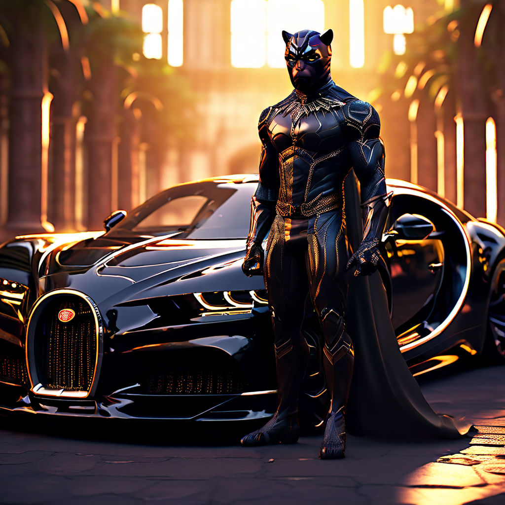 Black panther standing before a glossy black Bugatti by Lumpy Grumpy ...
