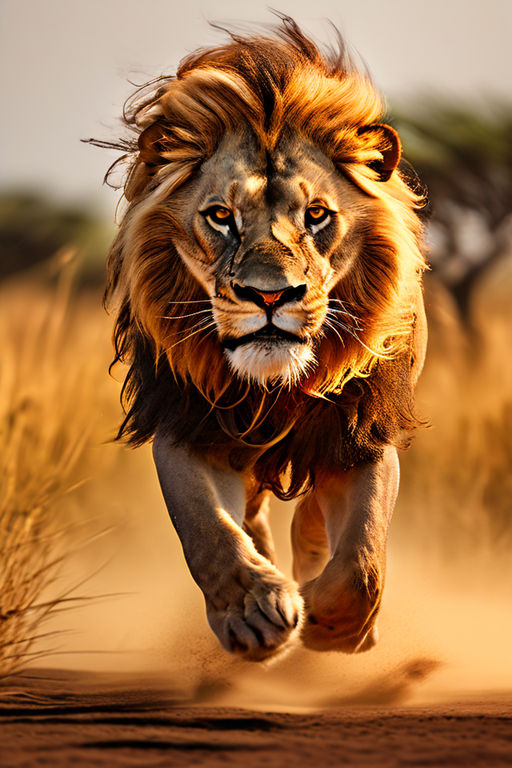 Lion mid-gallop across African savanna by Hanumanthu Hanumanthu ...