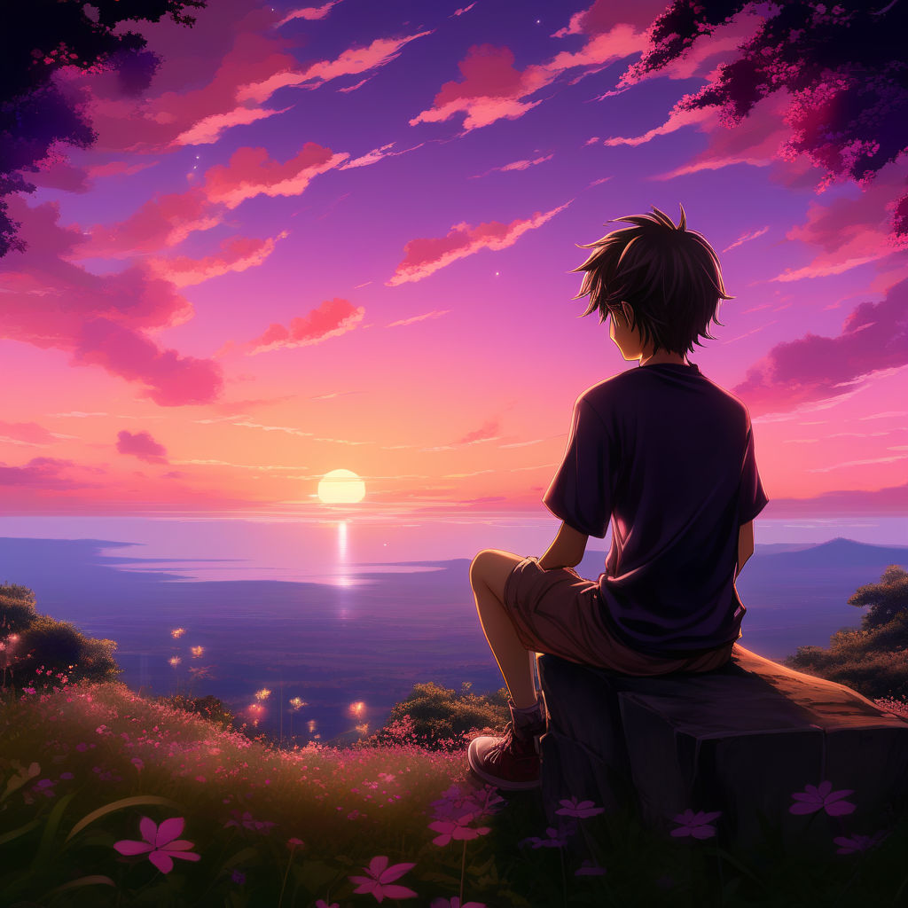 Backside view of beautiful anime boy sitting looks at the p... by naga ...