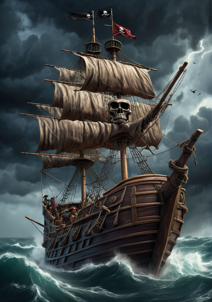 Comic book style illustration of a pirate ship from a low an... by ...