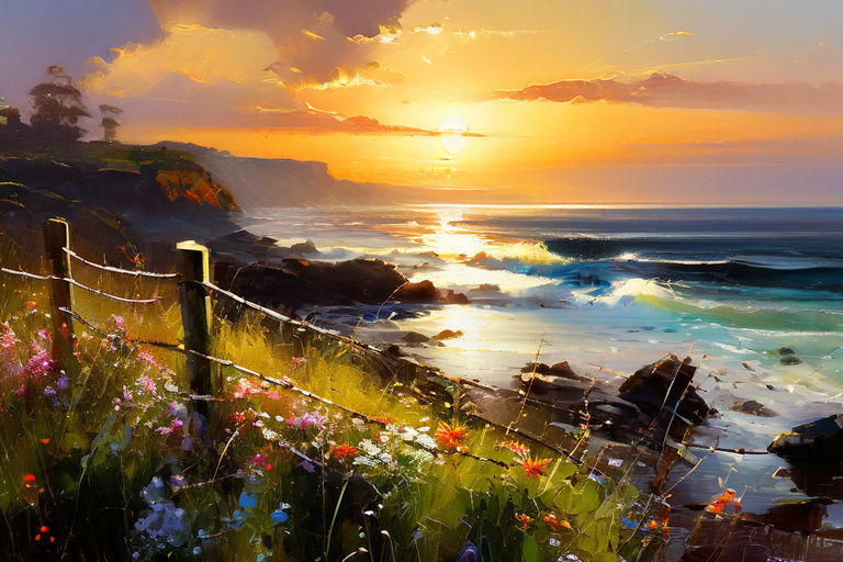 Spring landscape with a beach and fence post in the foregrou... by ...