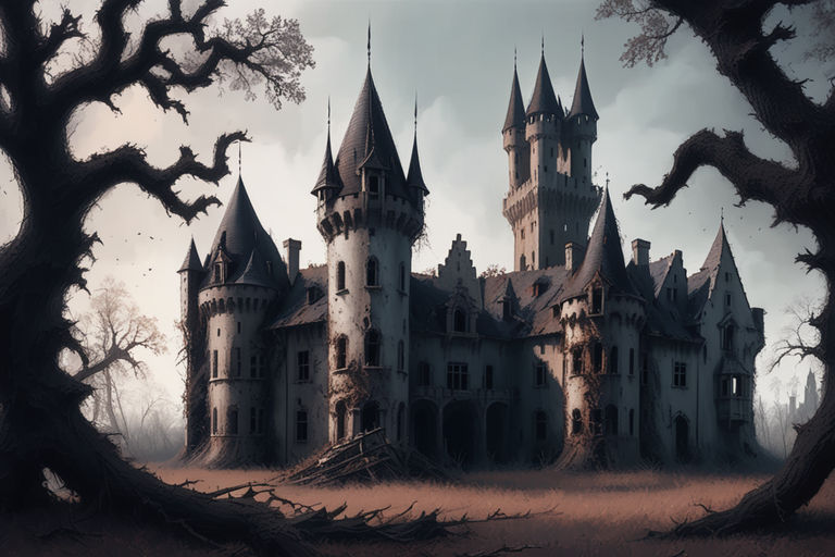 A scary creepy dilapidated castle with destroyed towers surr... by ...