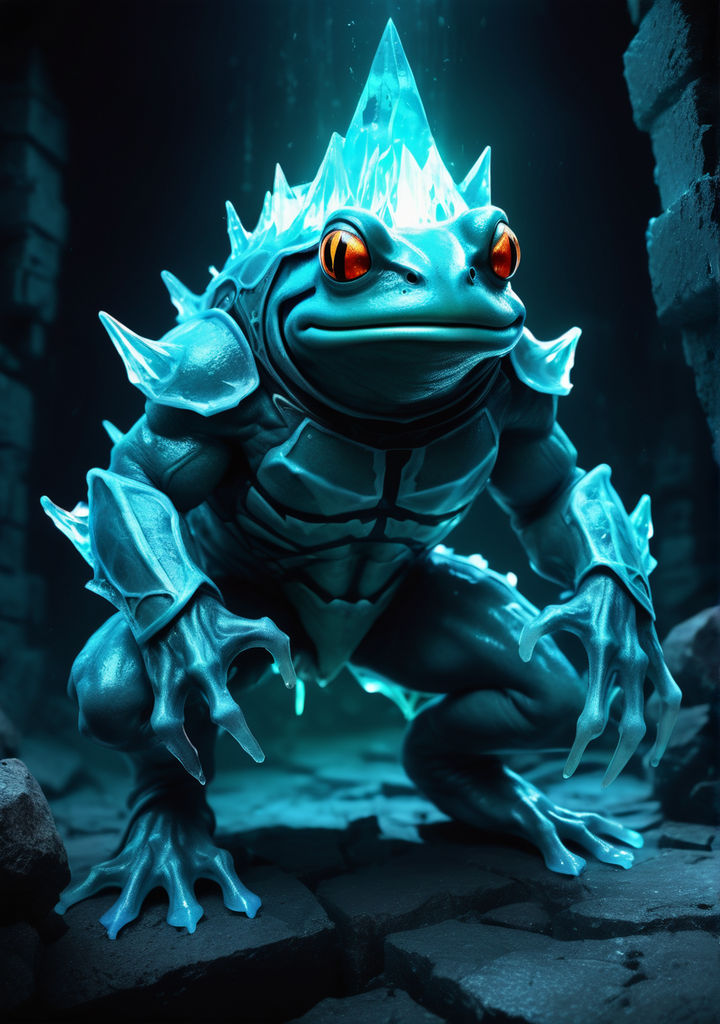 Spartan ice frog with chaotic evil glow into a deep dank dun... by ...