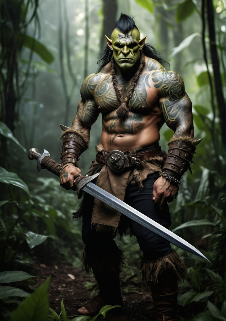 Tattooed-half-orc-half-human-barbarian-broadsword-engaged-in... by ...