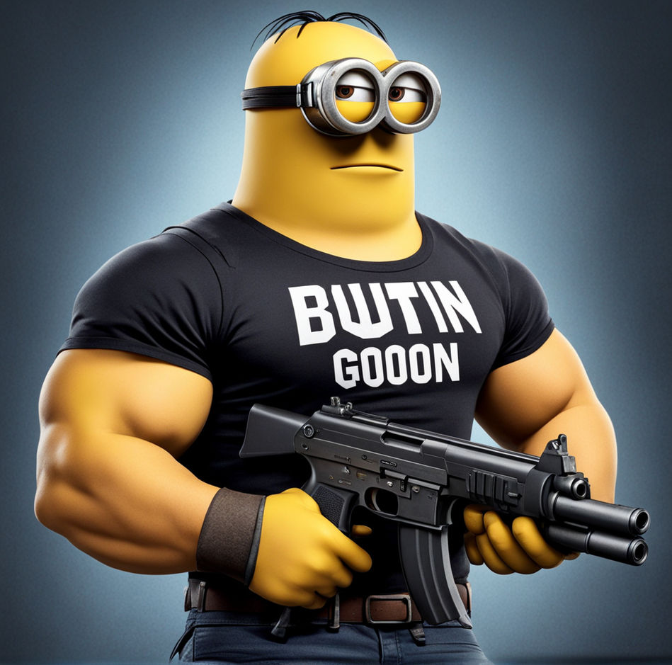 Very Buff Anti goon minion with a gun has a shirt that says... by Knock ...