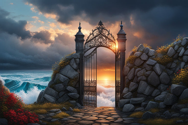 A crumbling rocky gateway with elaborate iron gate looking d... by John ...