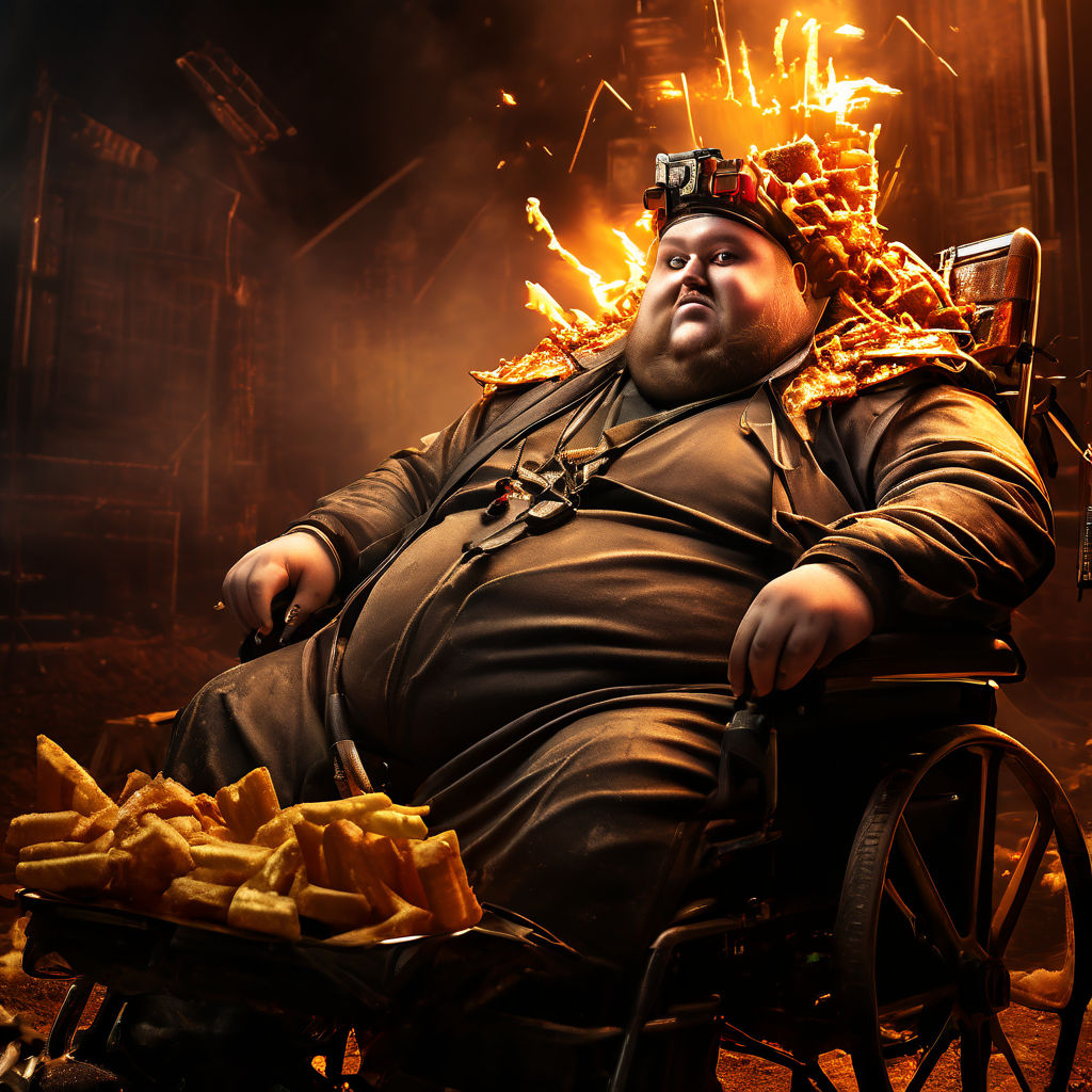 A gross dystopian fat man sitting in an electric wheelchair by Payton ...