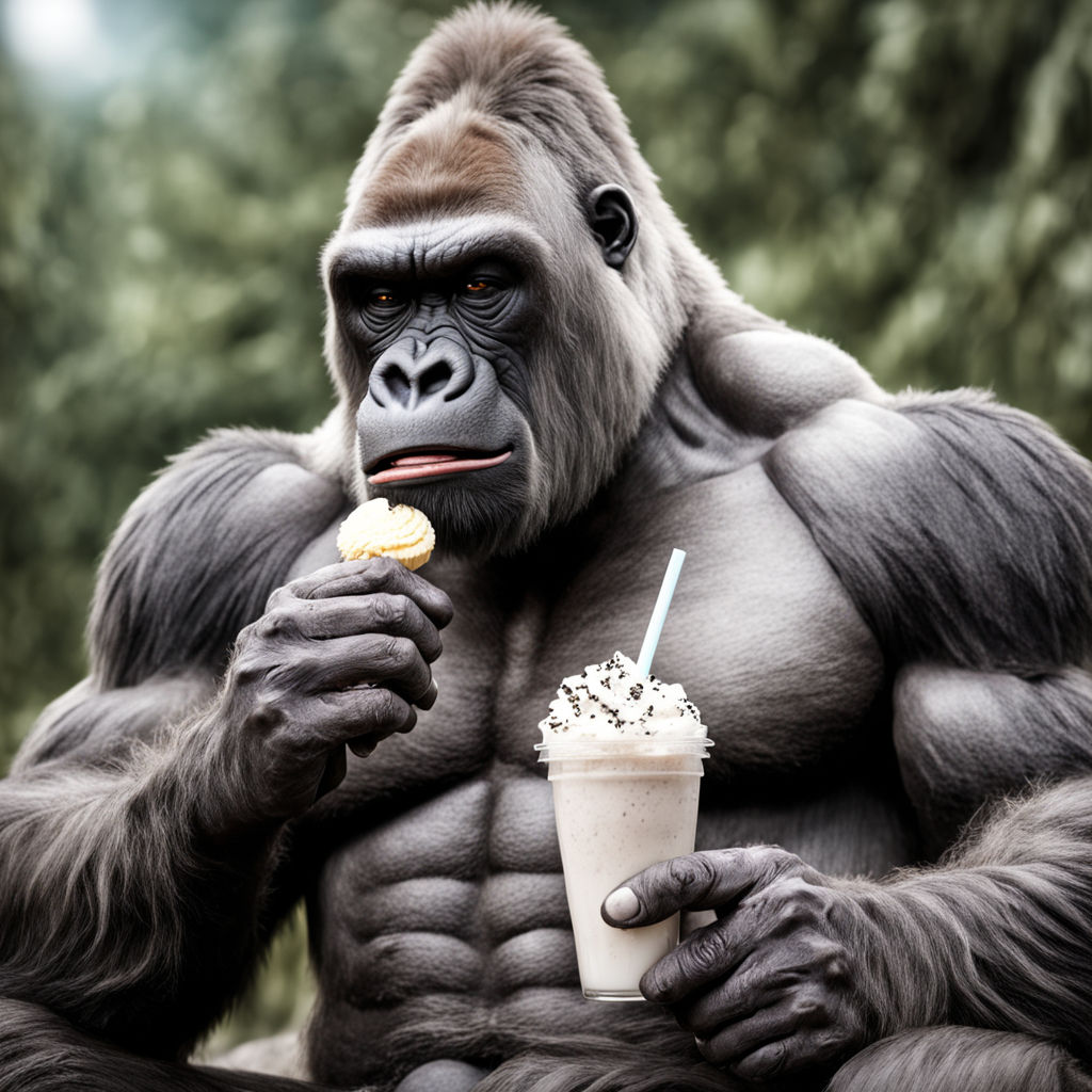 A muscular gorilla drinking an oreo cookies and cream milksh... by ...