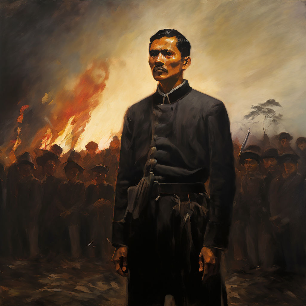 A heroic painting of Rizal standing bravely against the firi... by ...