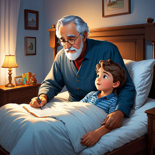 Draw a grandfather telling a story to his grandson in bed by ...