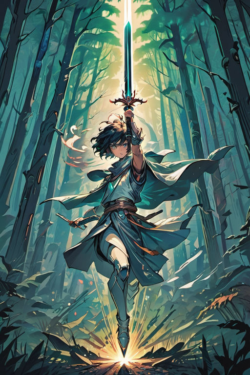 A magical sword levitating in a forest by Emulator - Playground